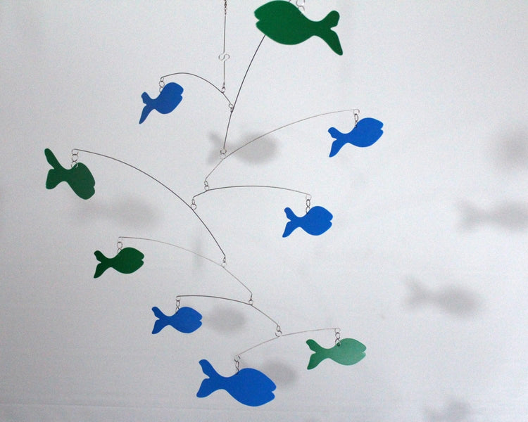 School of Fish Kinetic Mobile – Handmade Hanging Art in True Blue ...
